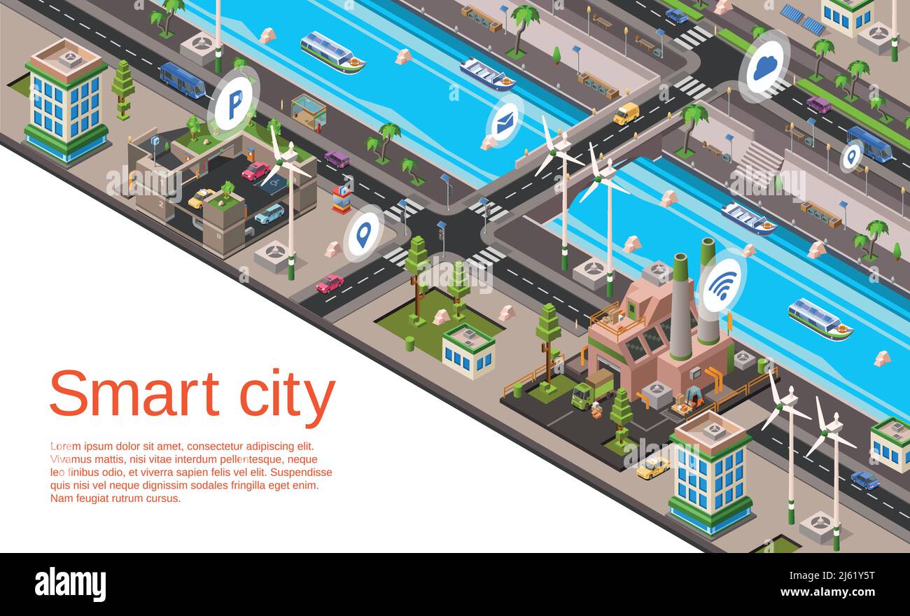 Vector isometric smart city concept. Illustration with 3d buildings ...