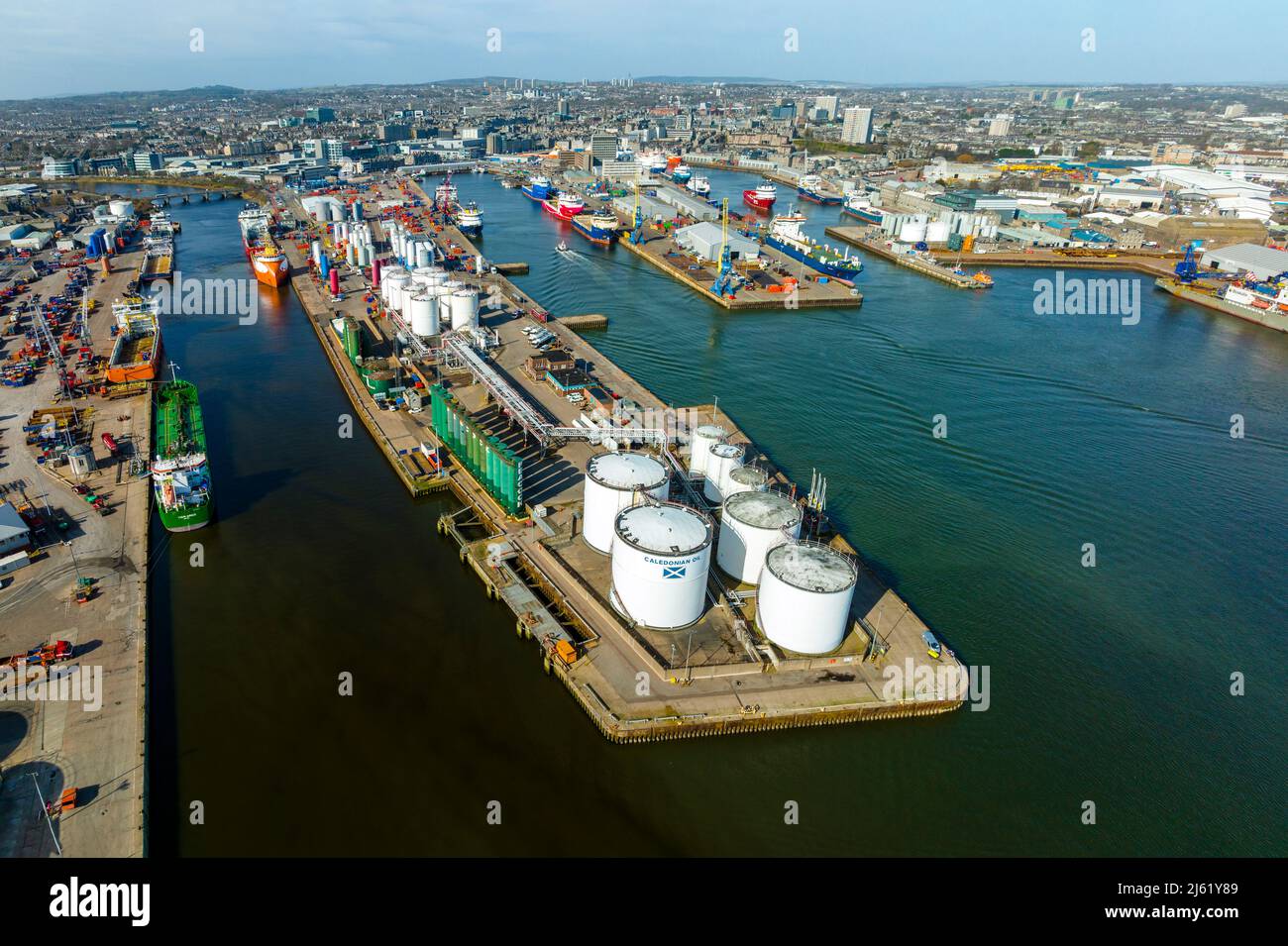 Aerial view from drone of Aberdeen port and harbour, the base for North ...