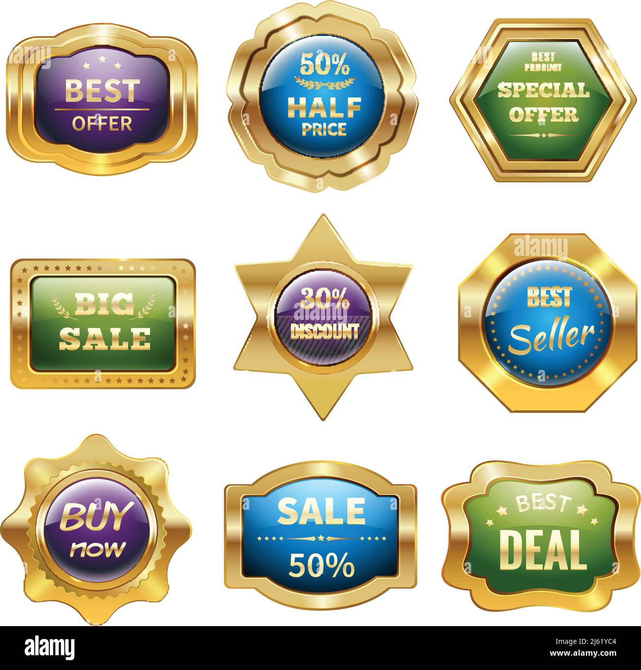 Golden sale product discount advertising and promotion badges isolated ...