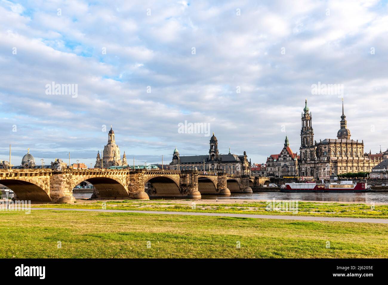 Germany, Saxony, Dresden, Clouds over Augustus Bridge with old town ...