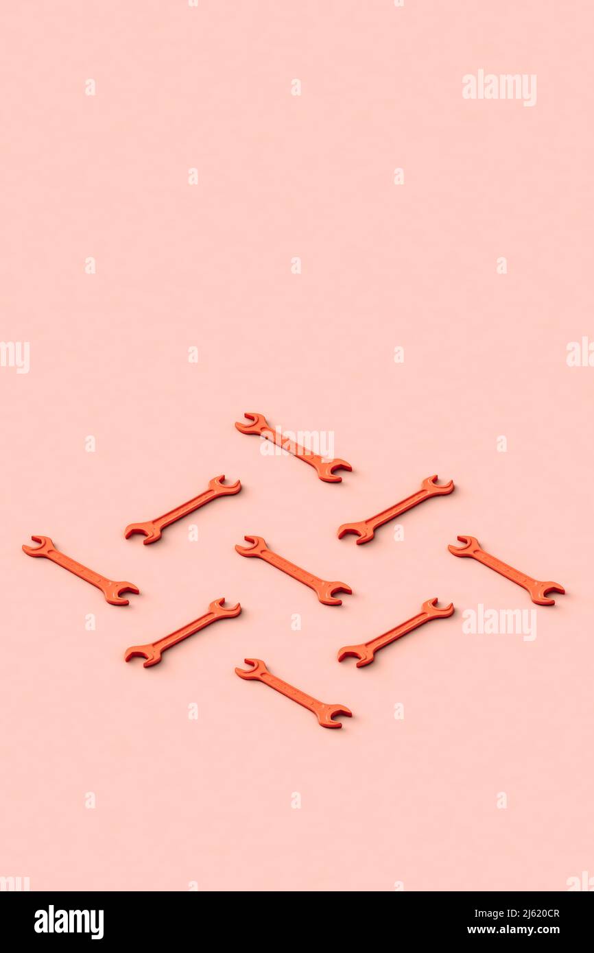 Three dimensional render of orange colored wrenches flat laid against ...