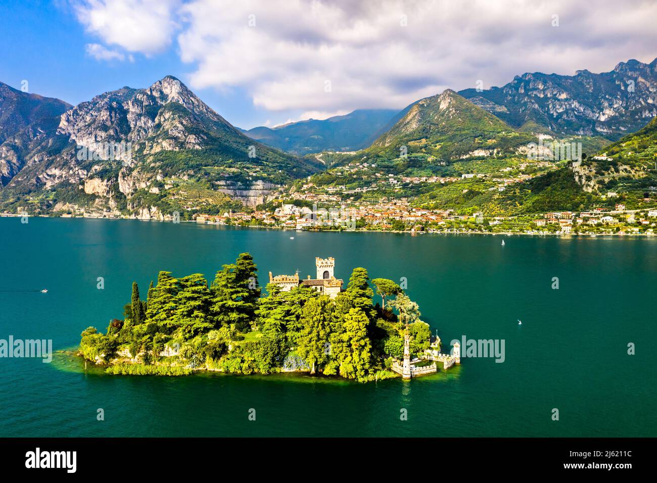 Aerial view of Loreto Island with the castle on Lake Iseo in Northern ...