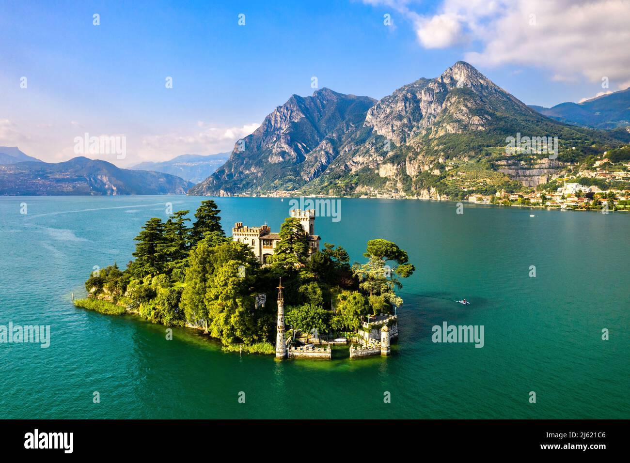 Aerial view of Loreto Island with the castle on Lake Iseo in Northern ...