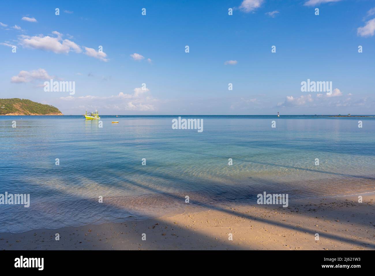 Beautiful tropical sand beach with coconut trees shadow and blue sea ...