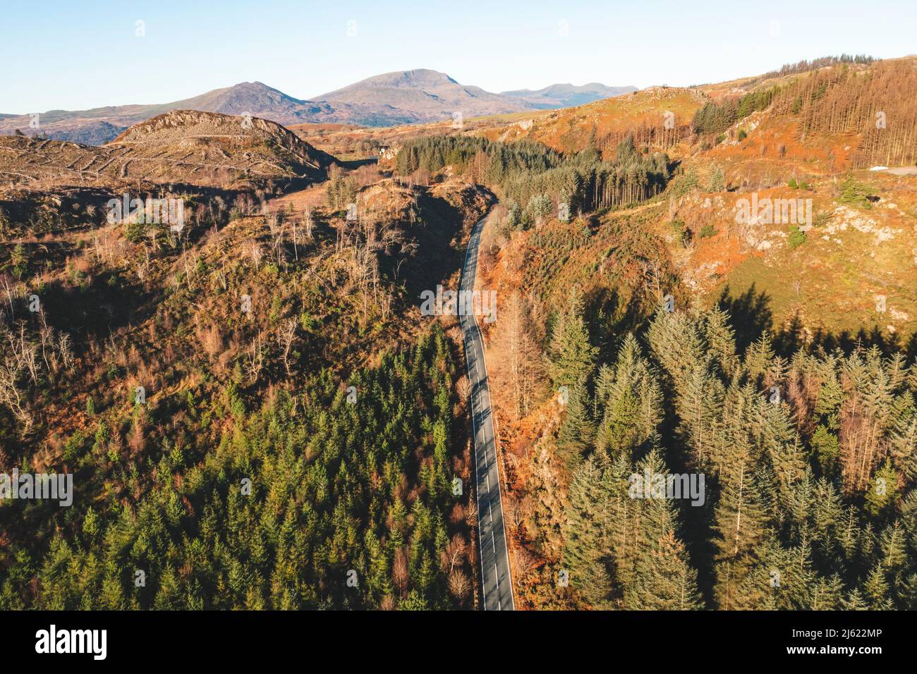 UK, Wales, Aerial view of highway stretching across autumn landscape of ...