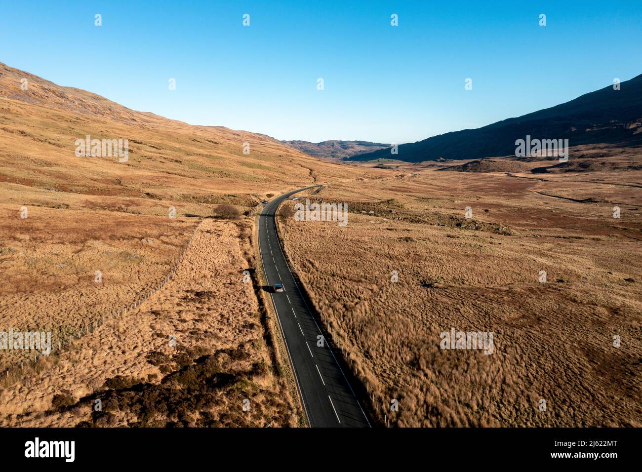 Aerial view highway stretching along brown landscape snowdonia national ...