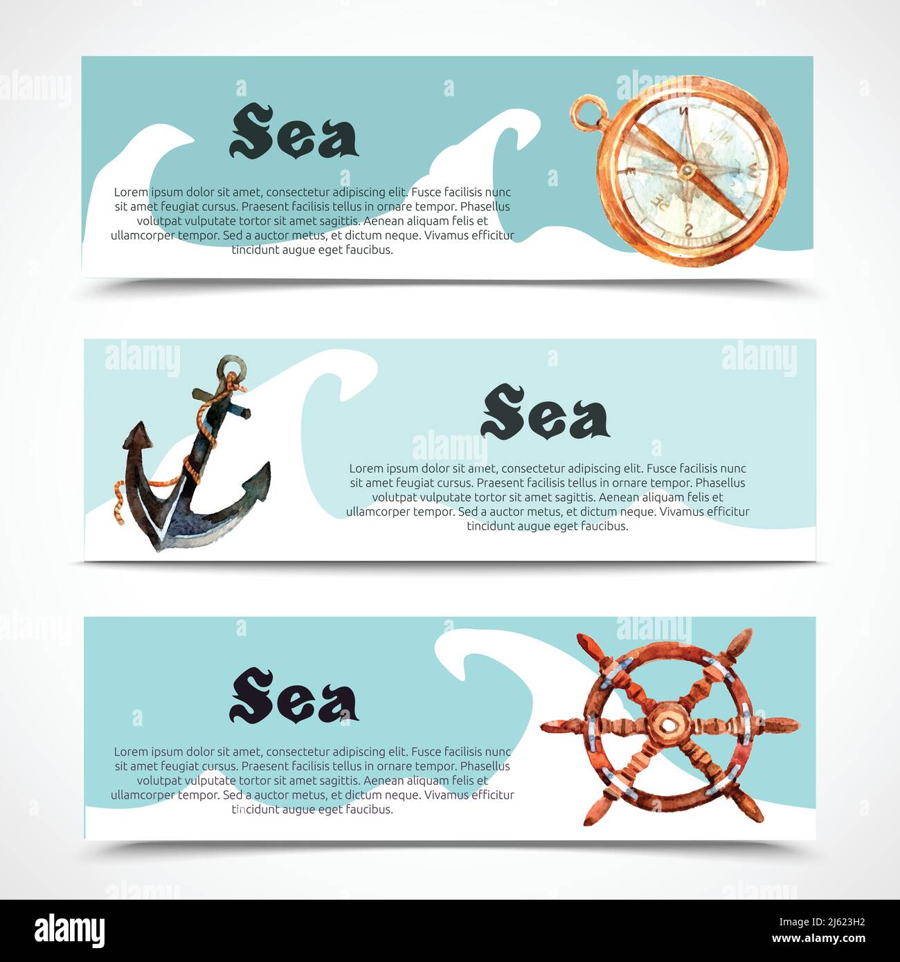 Nautical and sea horizontal banner set with watercolor compass anchor ...