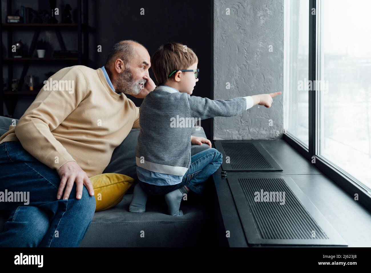 Boy pointing out through window by grandfather sitting on sofa at home ...