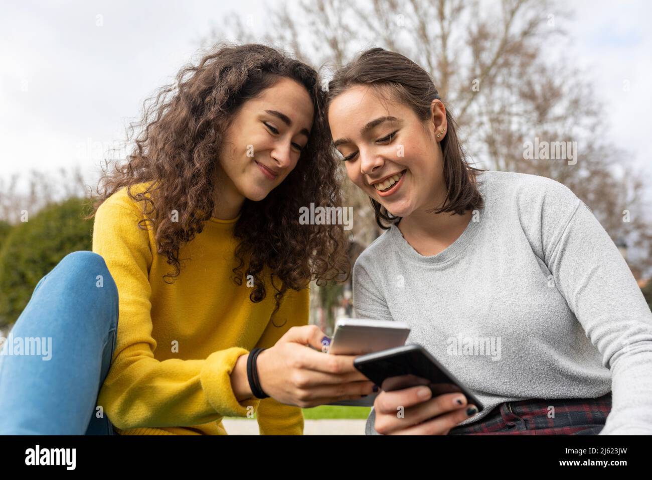 Three friends at park using smartphone hi-res stock photography and ...