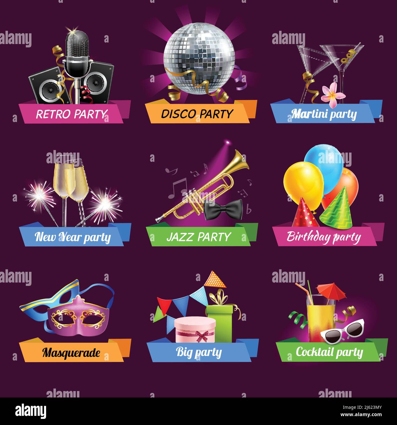 Party emblems set with retro disco jazz birthday celebrations realistic elements isolated vector ...