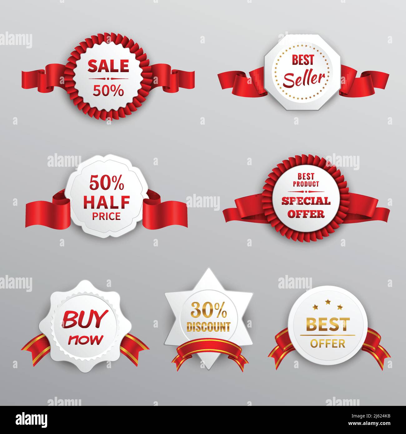 Paper sale business promotion labels set with red ribbons isolated ...