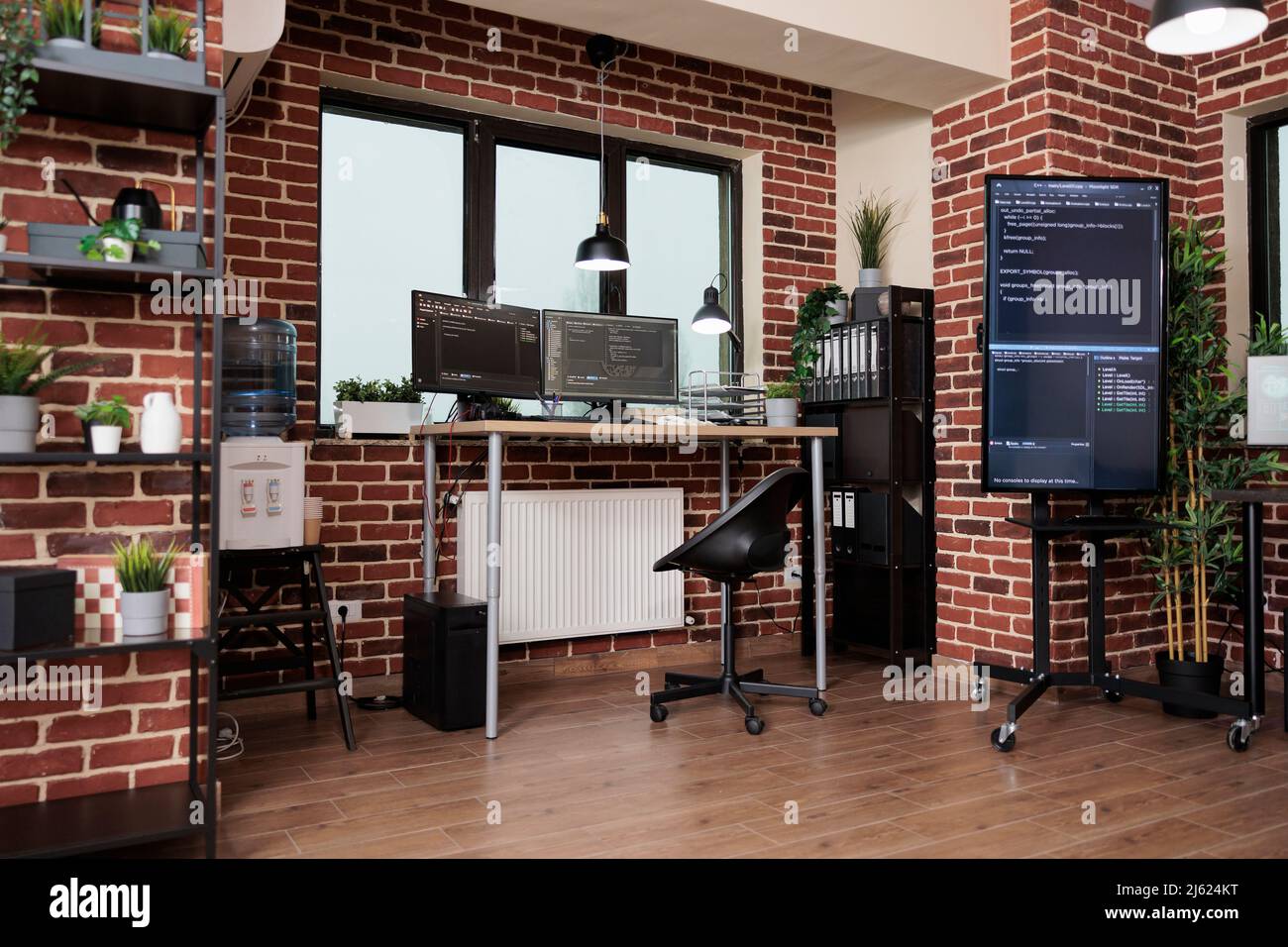 Interior of cyber security office center with neural networks and machine learning computers ...