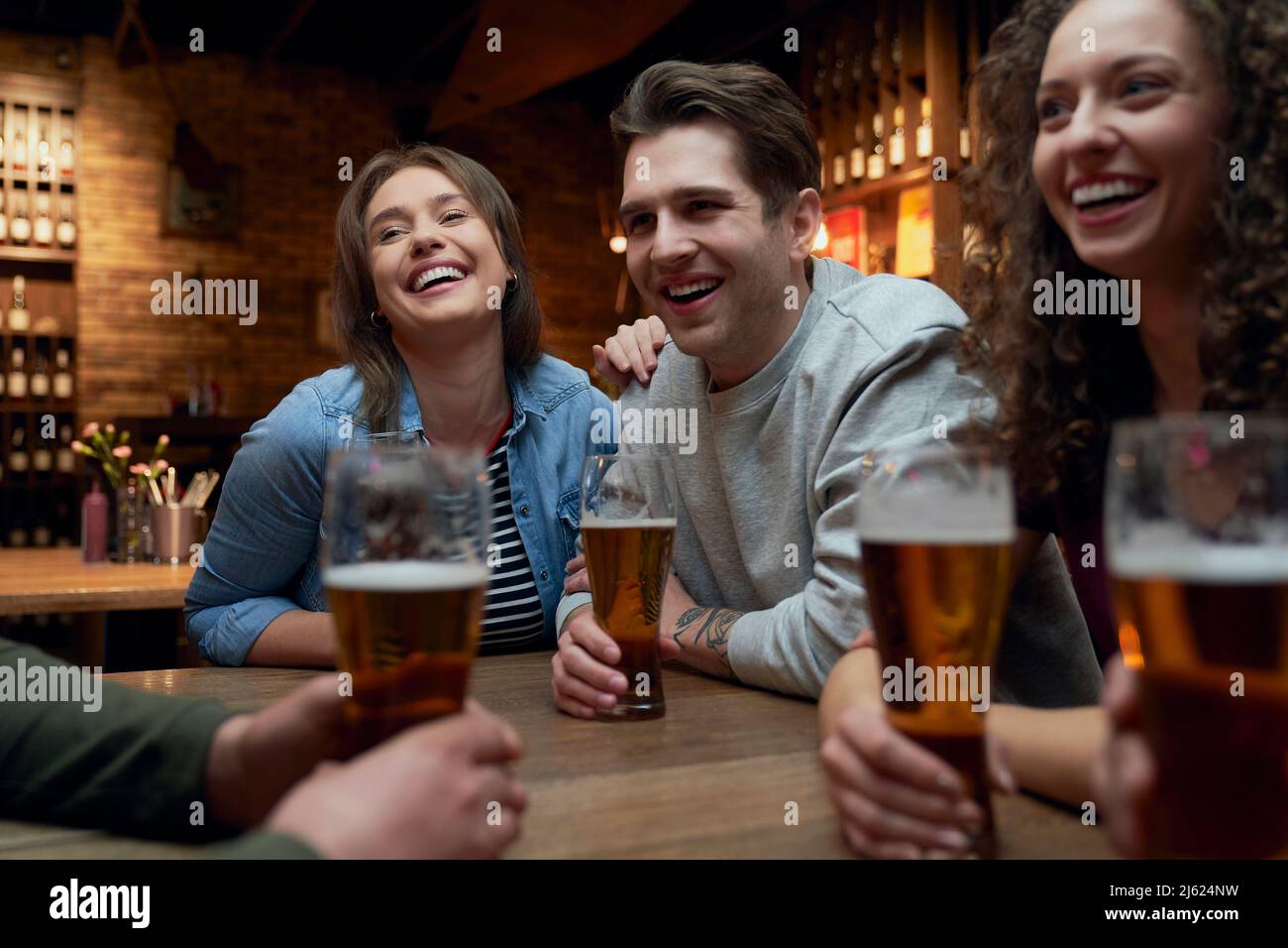 Group of happy friends having beer and socializing in a pub Stock Photo ...