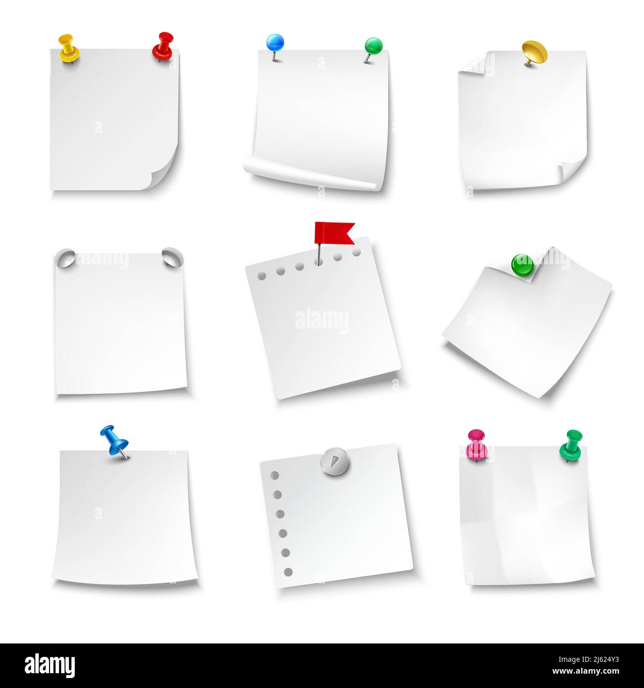 Blank note papers pinned with pushpins realistic set isolated vector illustration Stock Vector ...