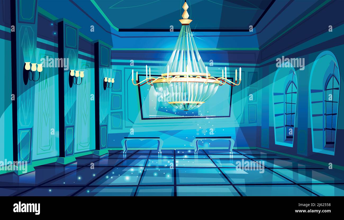 Ballroom in night vector illustration of palace hall with crystal ...