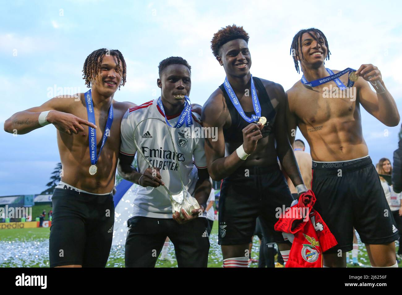 Nyon, Switzerland, 25th April 2022. SL Benfica players Diego Moreira ...