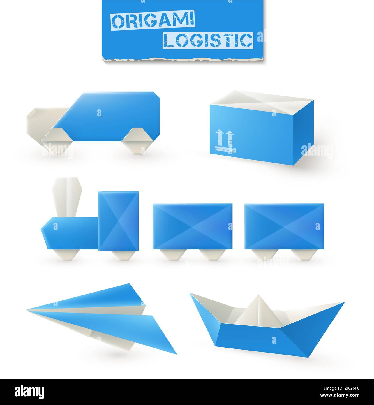 Origami logistic set with paper ship plane train and box isolated ...