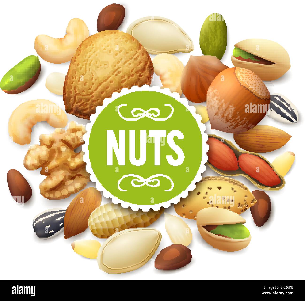 Nut collection with raw food mix and paper label vector illustration ...