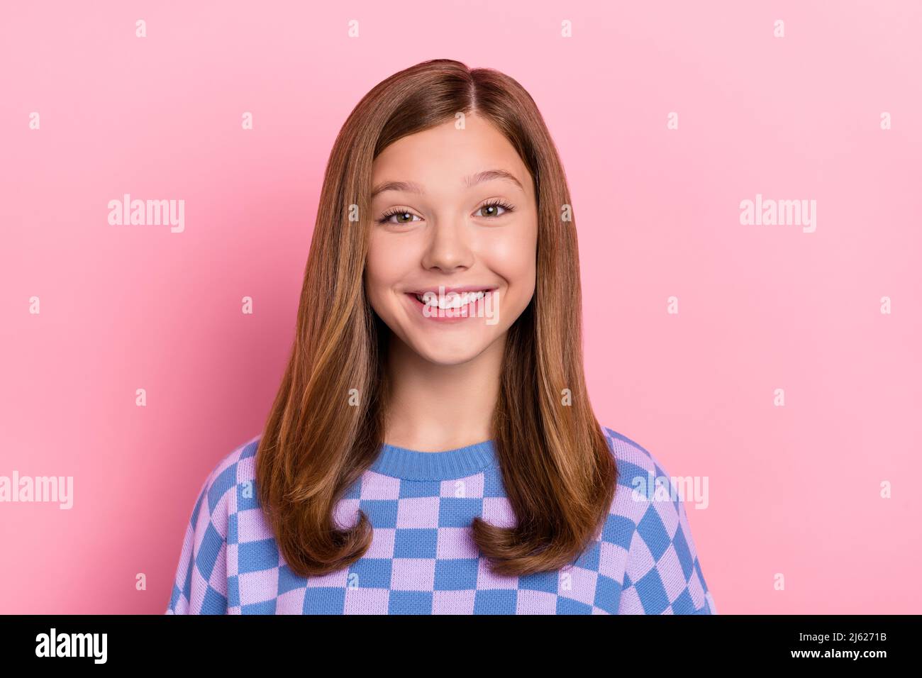 Photo of brown hairdo optimistic teenager girl wear blue sweater ...