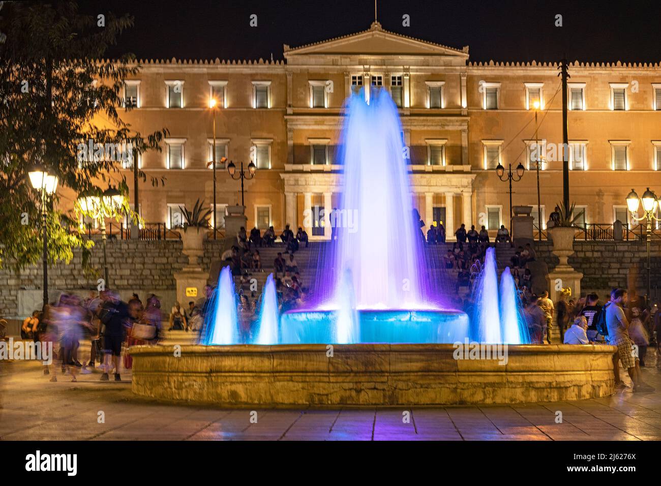 Illuminated fountain in Syntagma Square in Athens, Greece Stock Photo ...