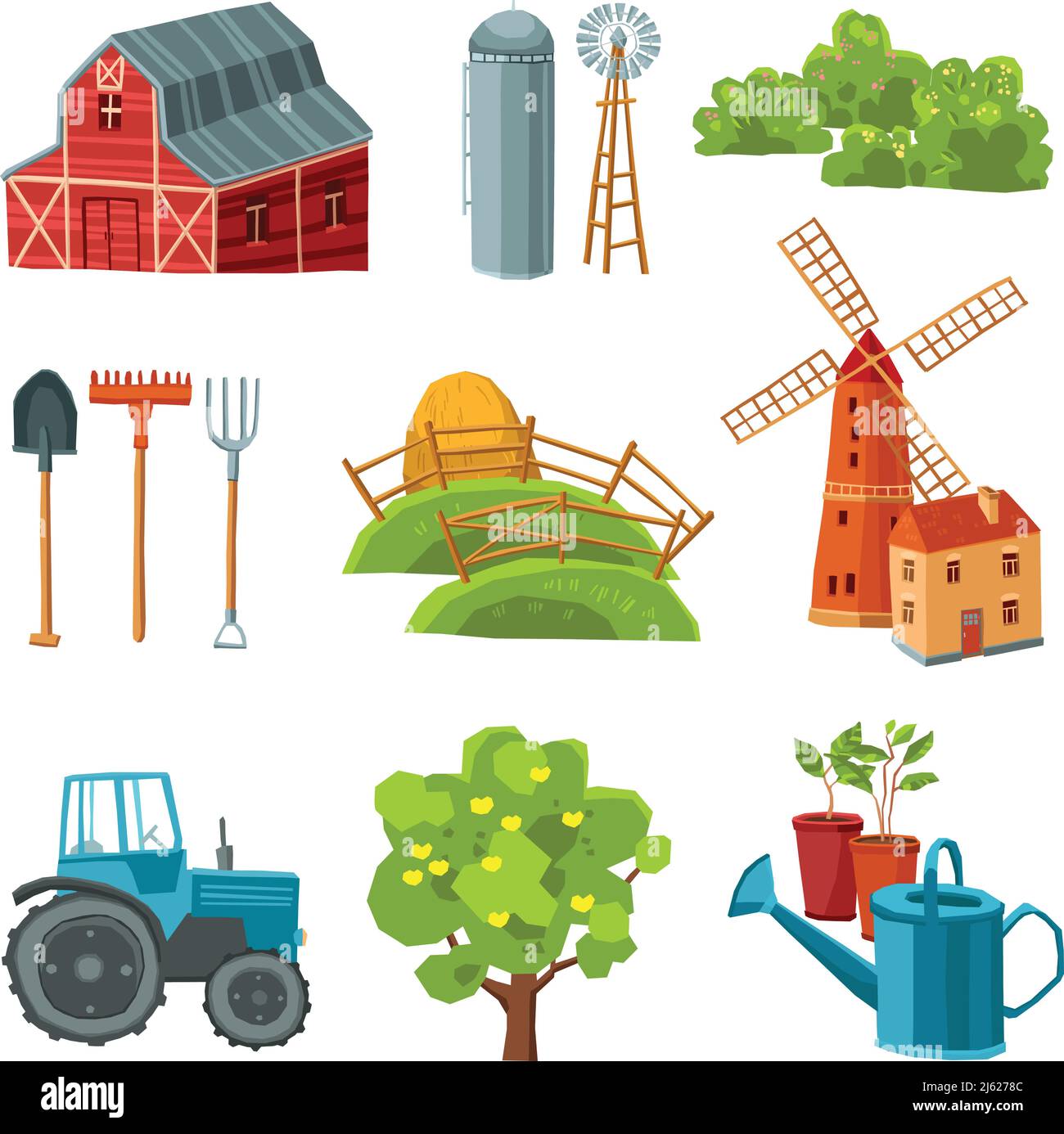 Farm decorative multicolored set with barn tractor windmill haystack ...