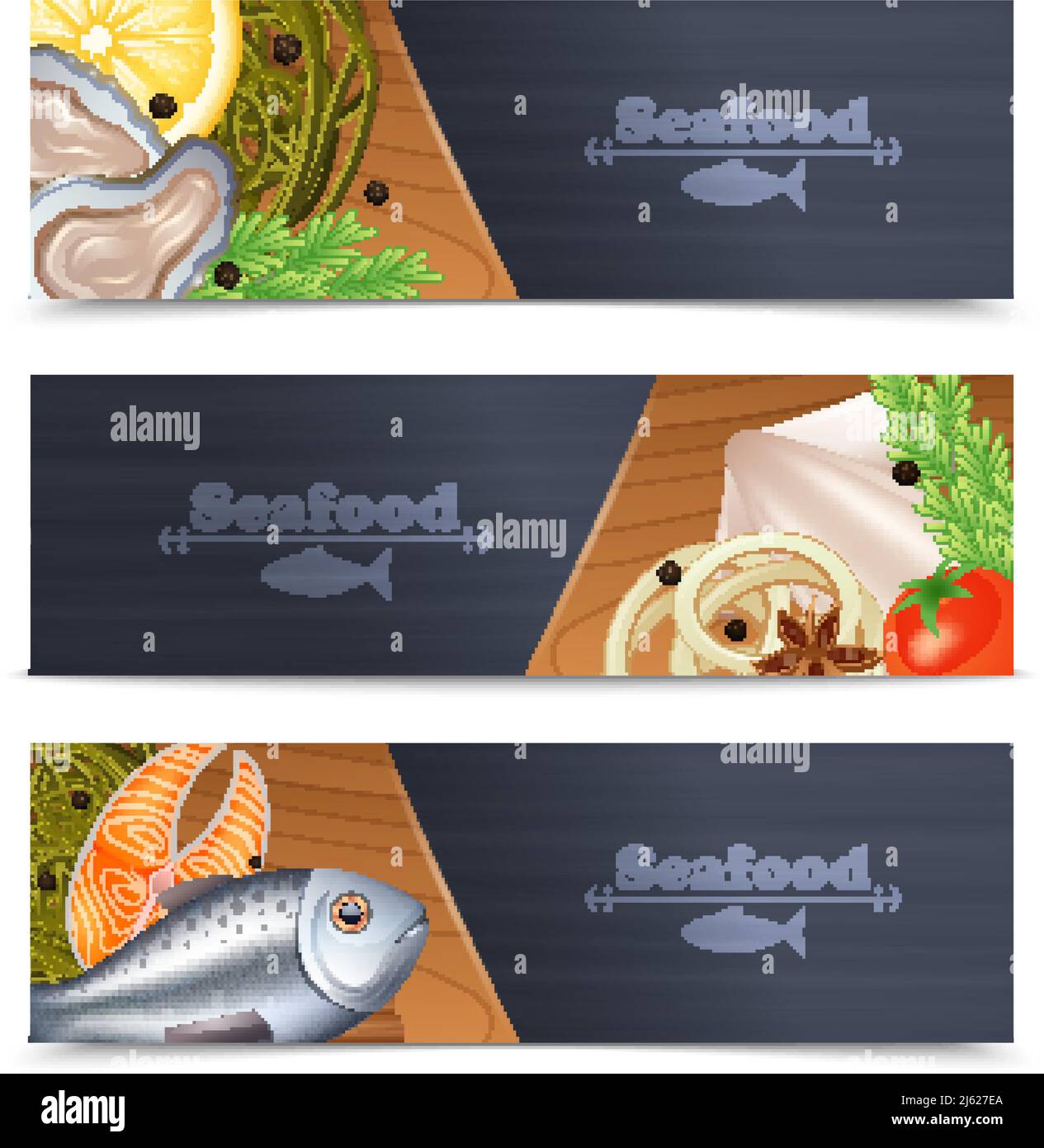 Seafood restaurant menu horizontal banner set with fish and spices ...