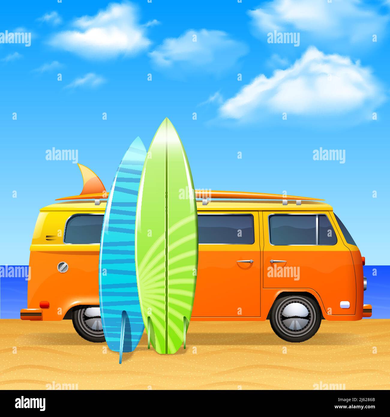 Retro bus with surf boards on summer sea background vector illustration ...