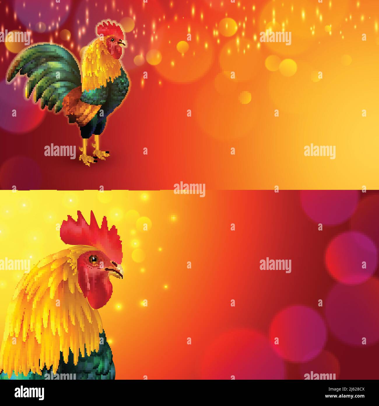 Rooster on festive background horizontal banner set isolated vector ...