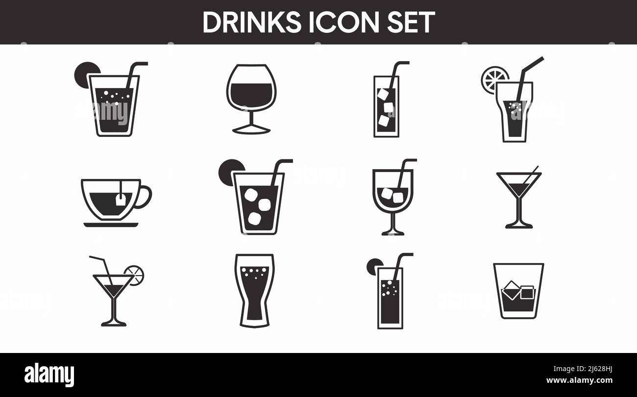 Drinks Icon Set Vector Isolated Back And White Set Of Different Drinks