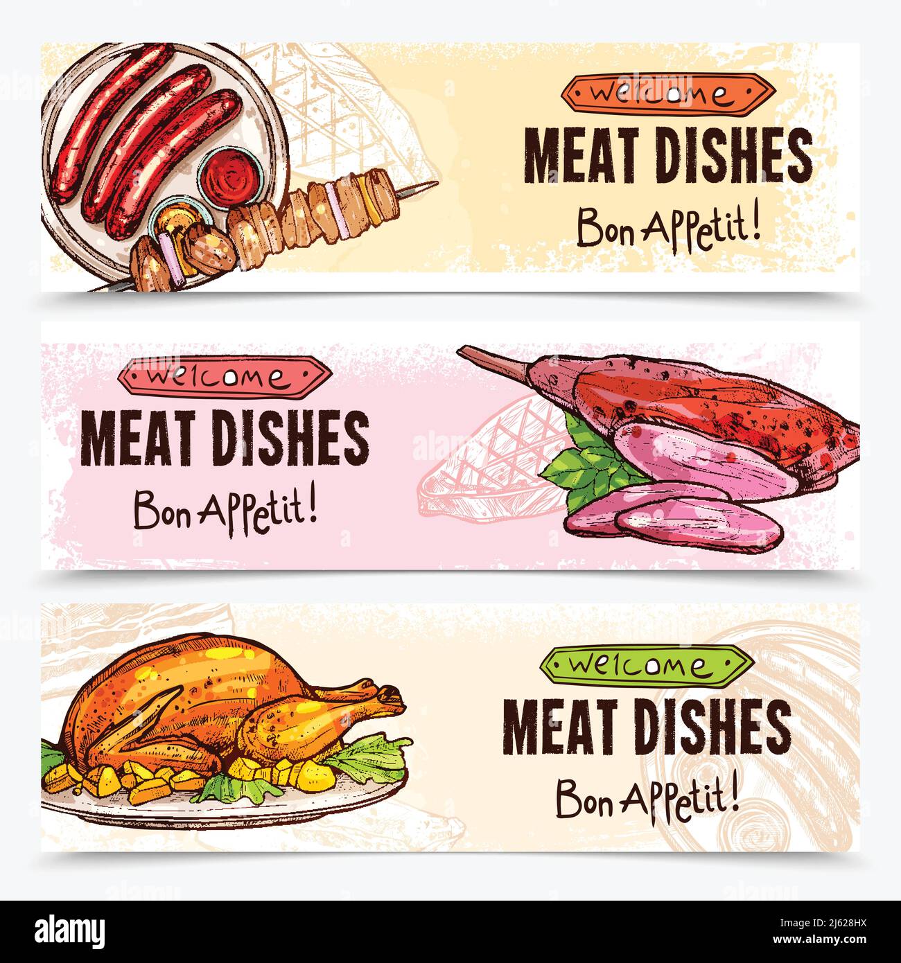 Hand drawn meat horizontal banners with chicken barbecue sausages grill ...