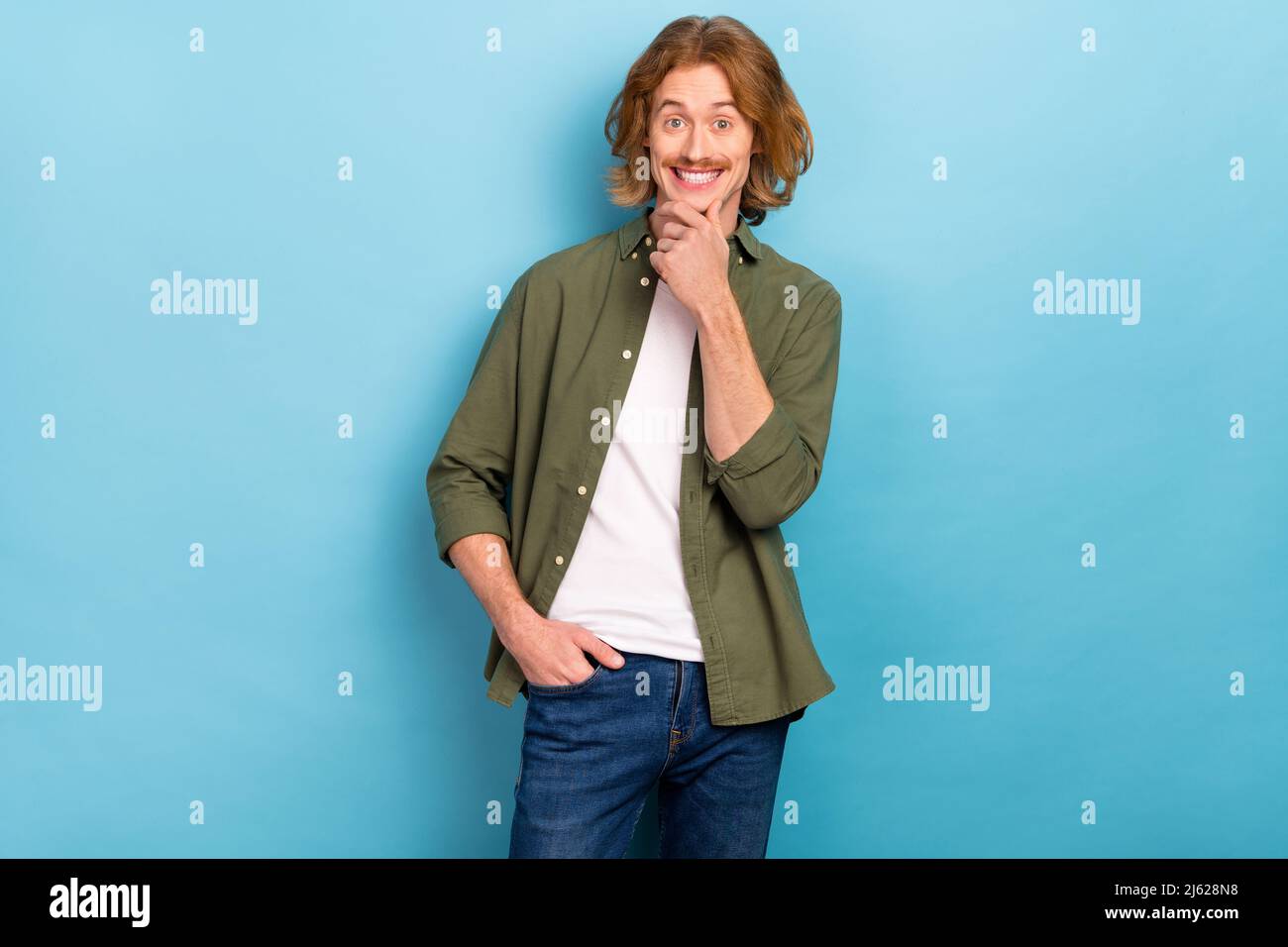 Portrait of attractive funky cheerful minded guy overthinking touching ...