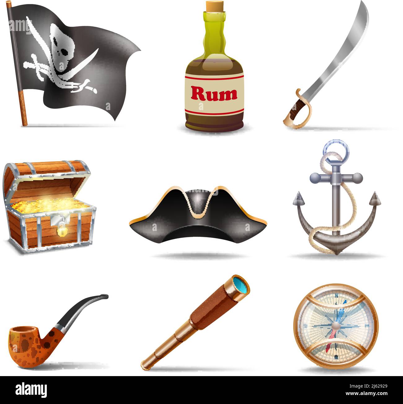 Pirate icons set colorful with jolly roger rum sabre treasure chest ...