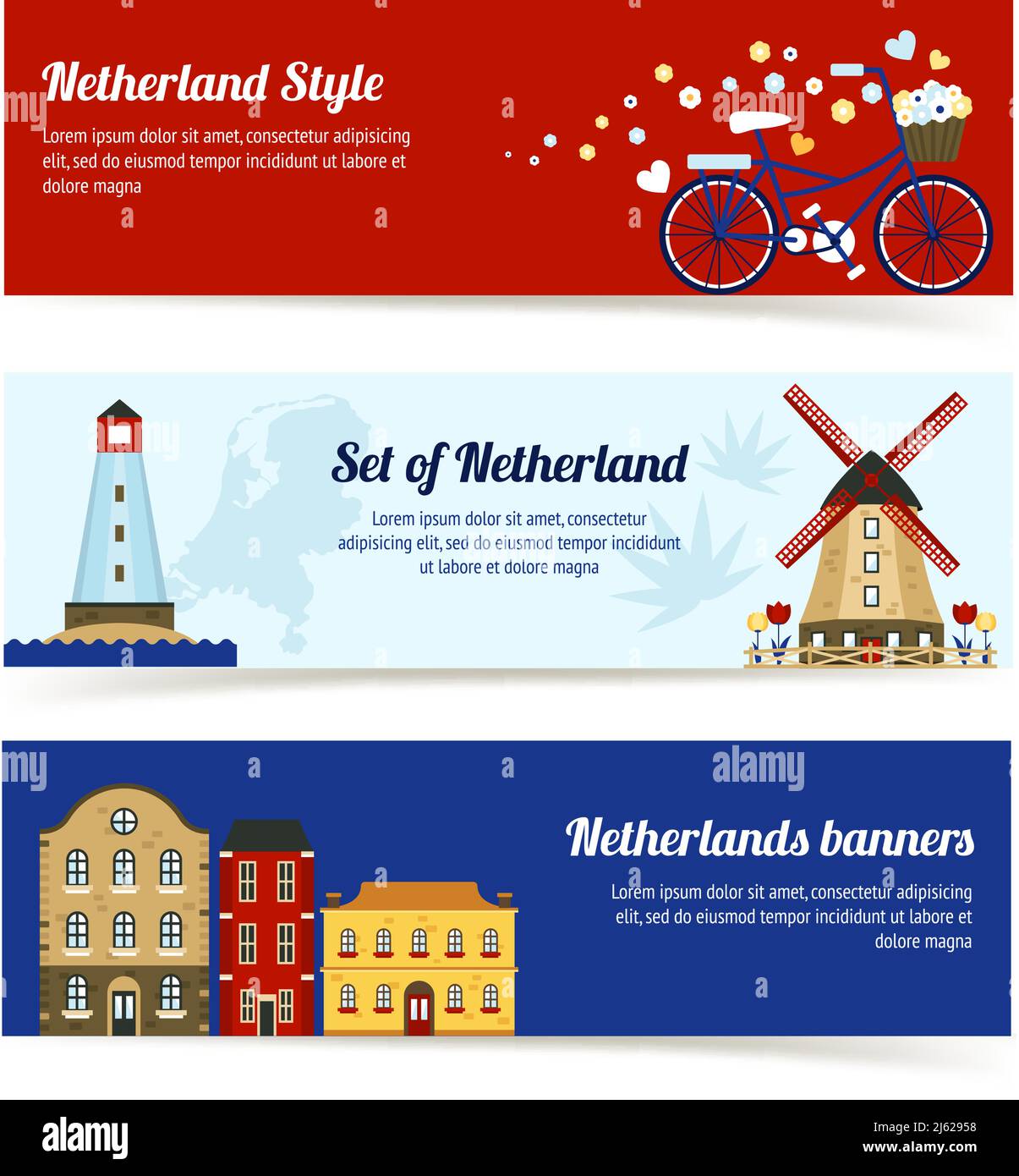 Netherlands horizontal banners with dutch culture elements set isolated ...