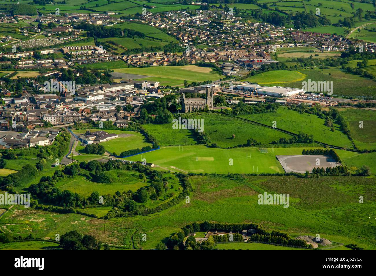 Aerial of the Mound of Down, Downpatrick, County Down, Northern Ireland ...