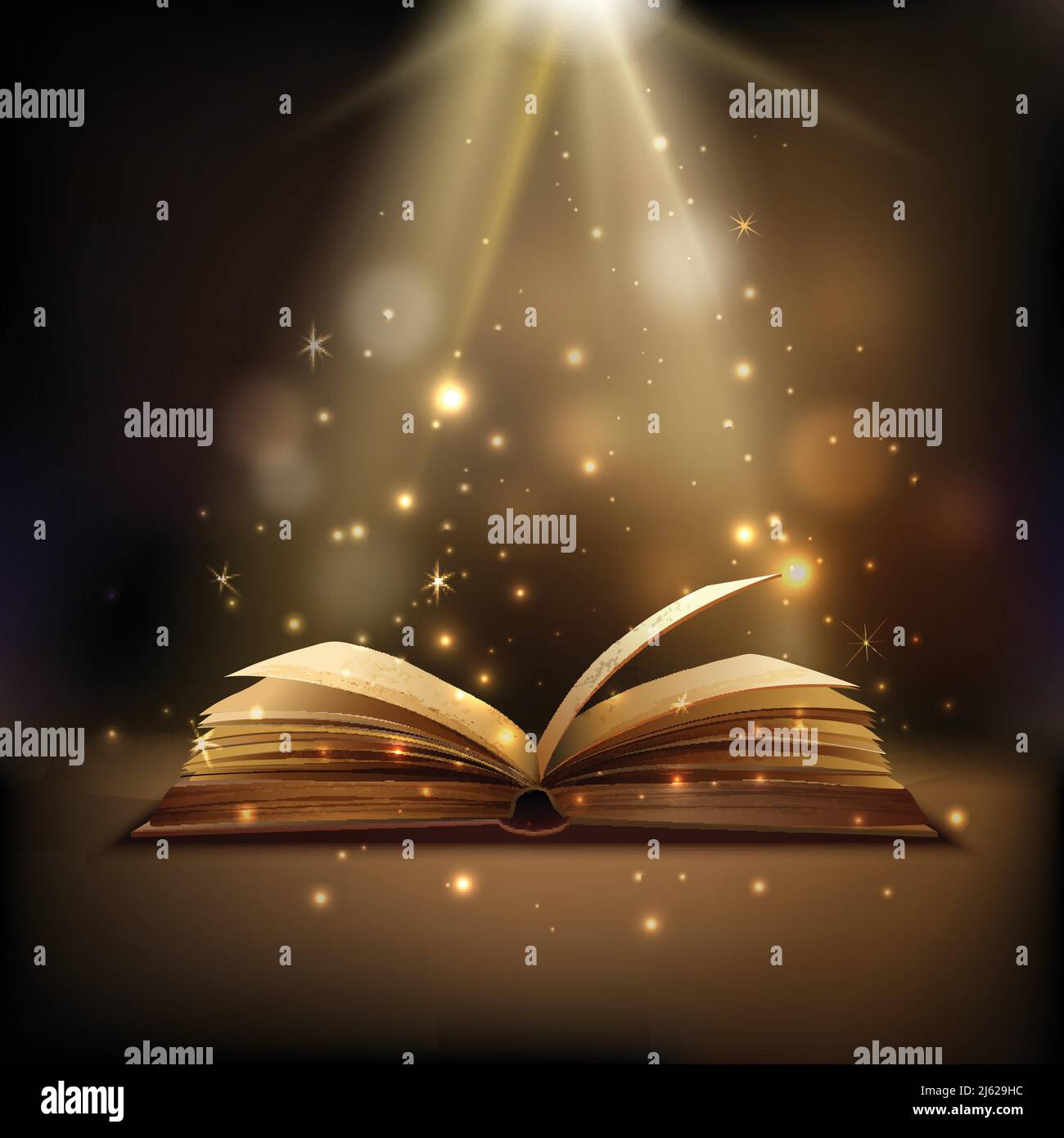 Open book with mystic bright light on background magic poster vector ...