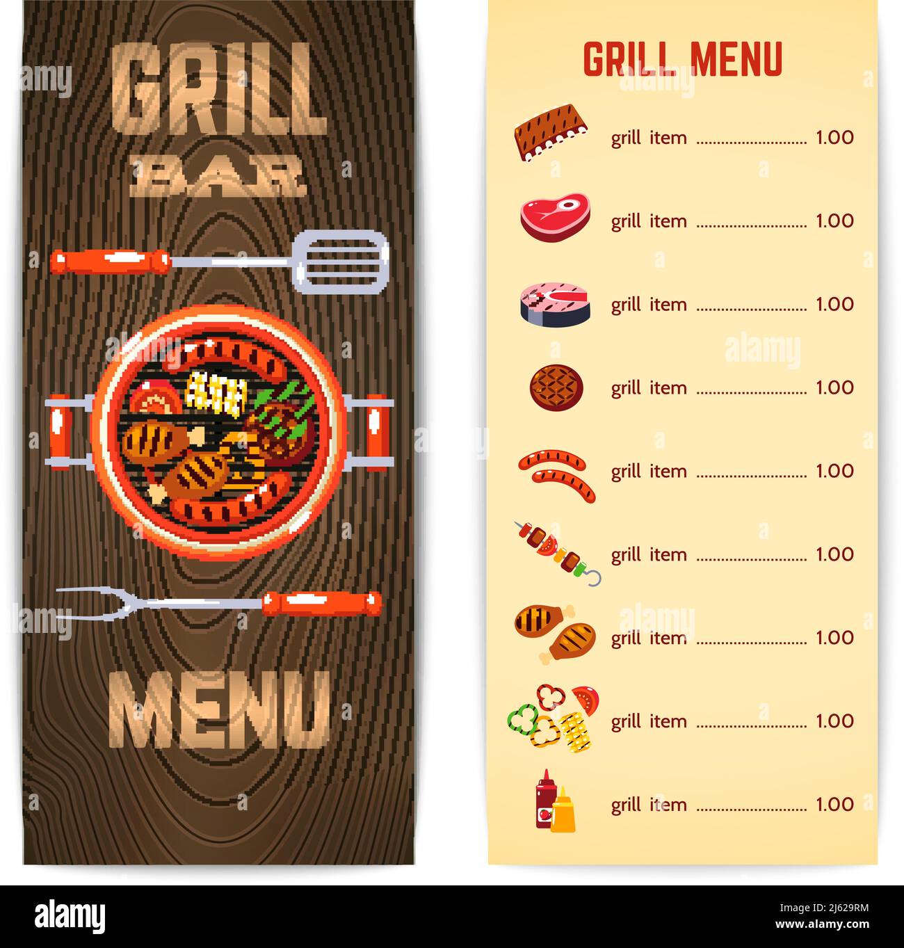 Grill restaurant menu with barbecue food meat dishes vector ...