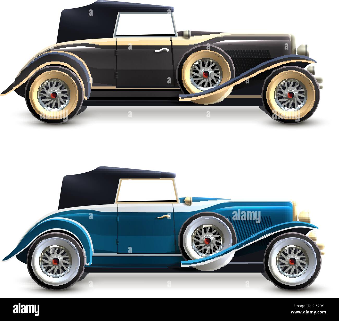 Black and blue retro car profile decorative icons set isolated vector ...