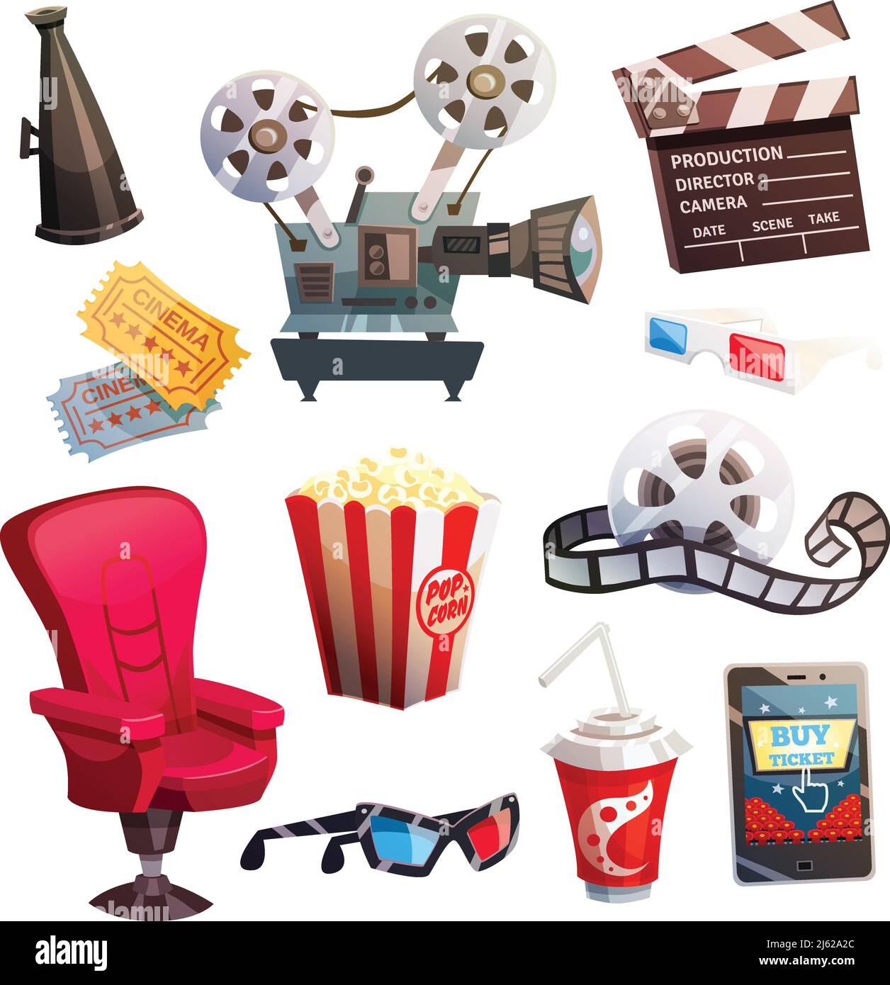 Set of colored isometric cartoon cinema icons in retro style with ...