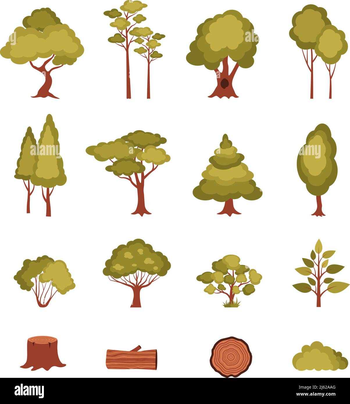 Forest elements set with trees bushes plants log and stump isolated ...