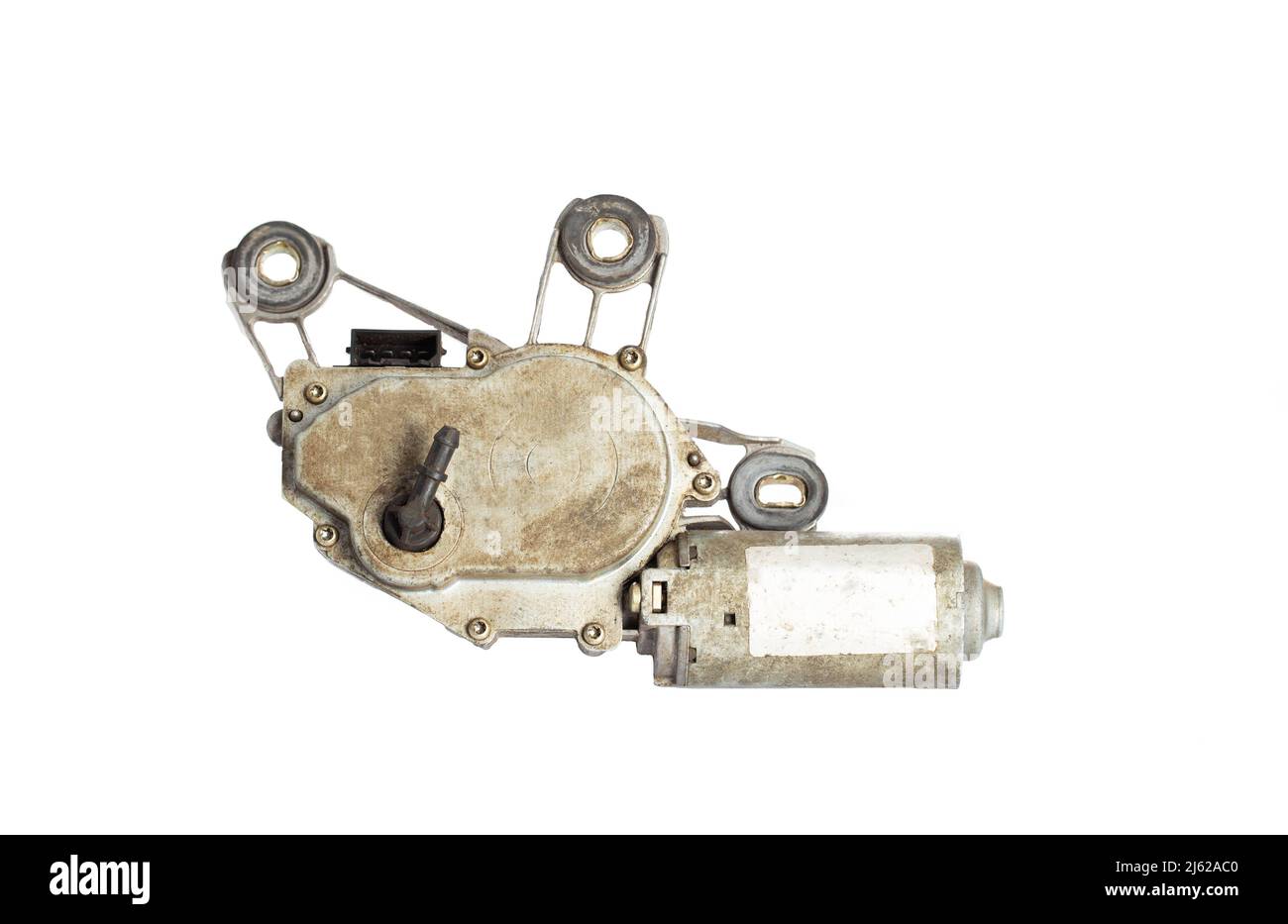 Rear car wiper motor, close-up. Electric motor with wipers on a white ...