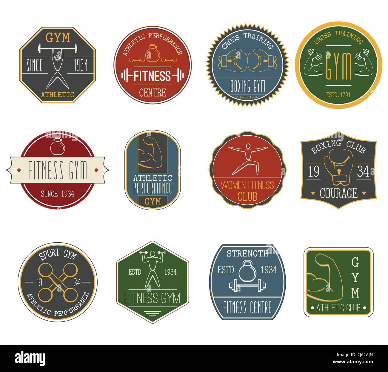 Fitness and sports athletic performance vintage labels set flat ...