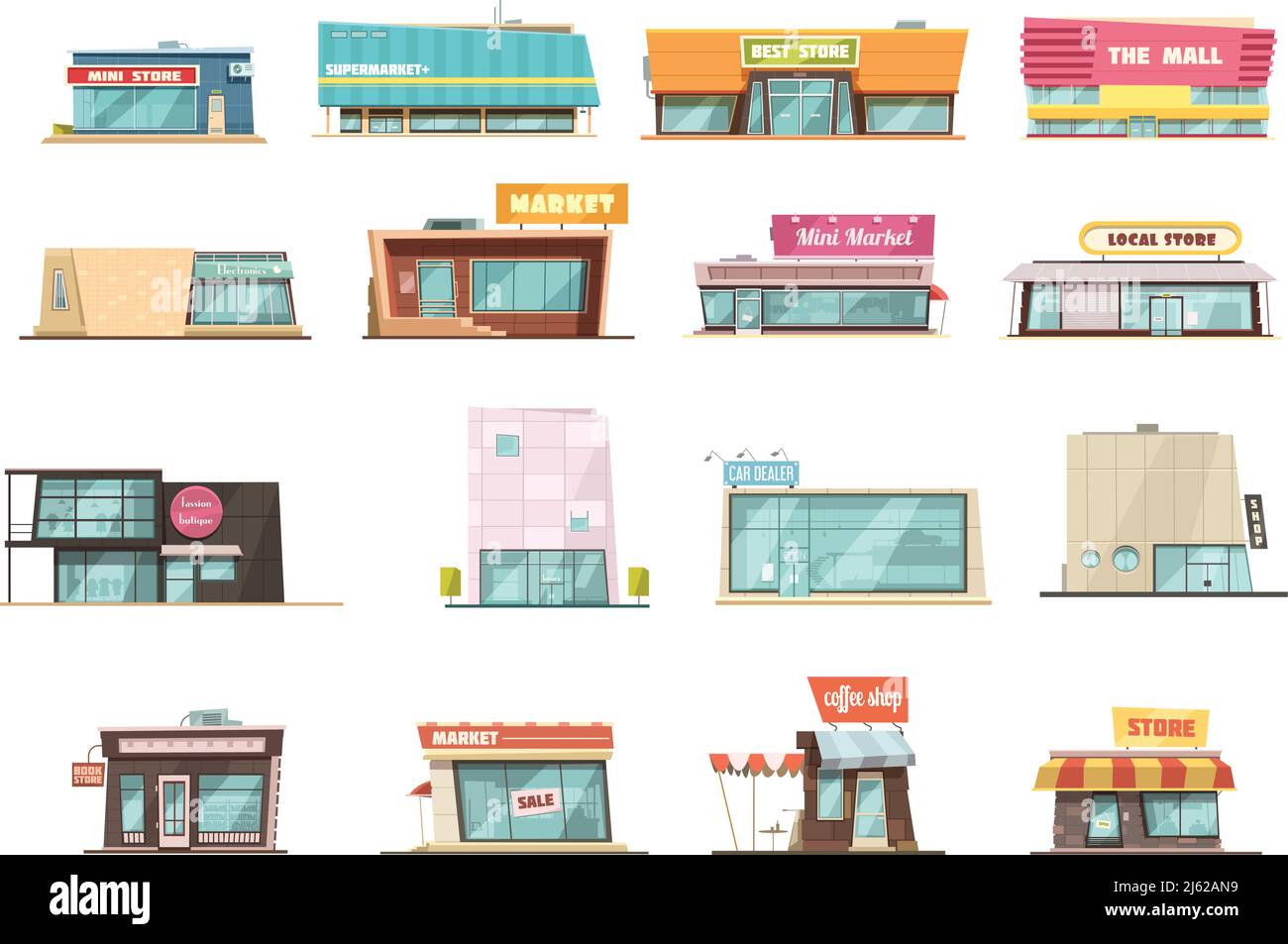 Shop building cartoon set with mini store symbols isolated vector ...