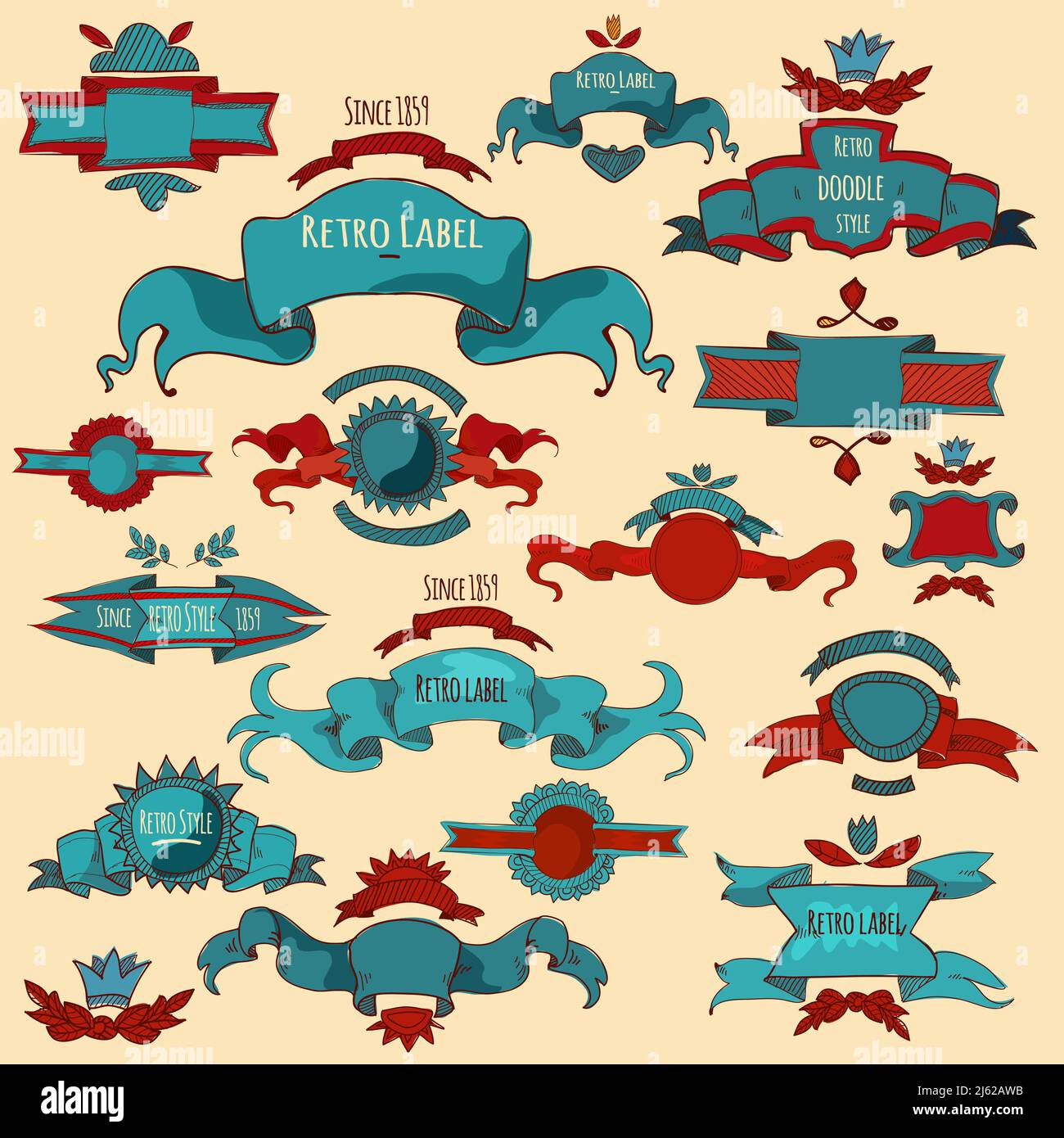 Hand drawn retro style labels colored set isolated vector illustration ...