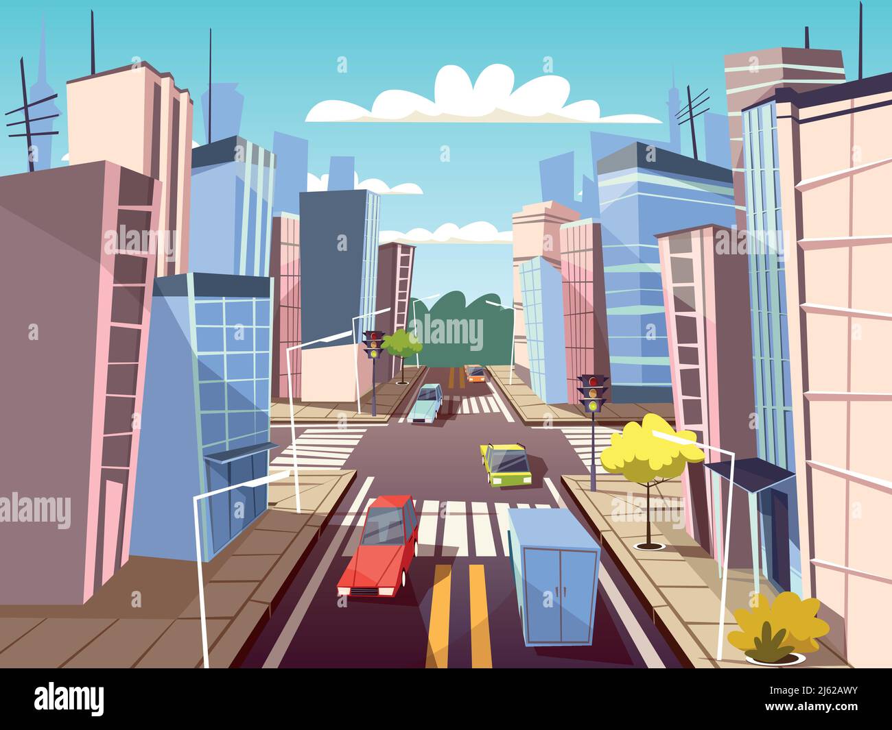 City street vector illustration of urban cars transport on traffic lane ...