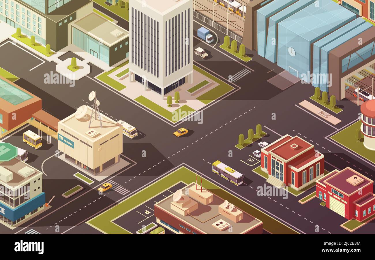 Government buildings city streets roads and traffic isometric vector ...