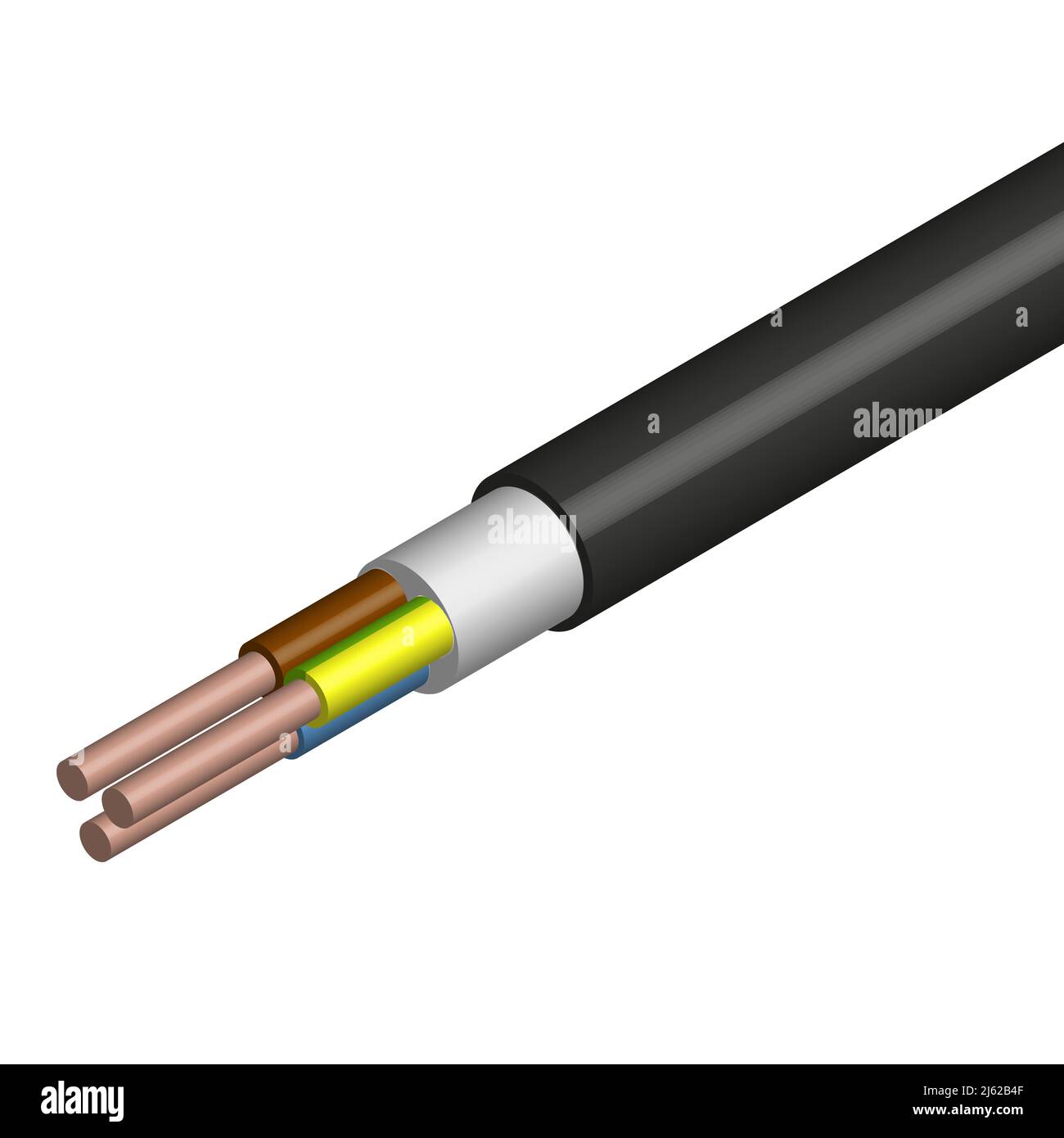 Rounded cable with three insulated copper conductors. 3D isometric ...