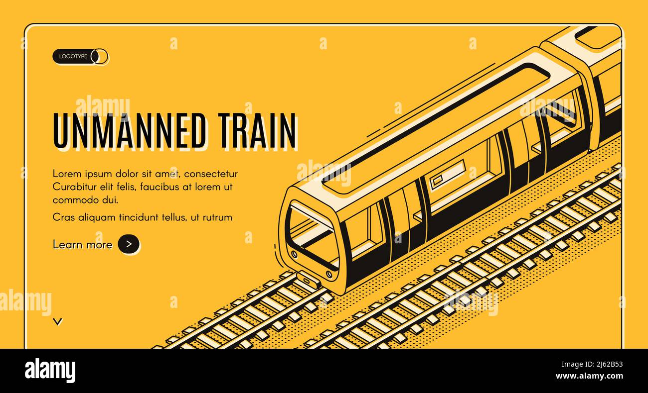 Vector concept banner with unmanned electric train on railway on yellow ...