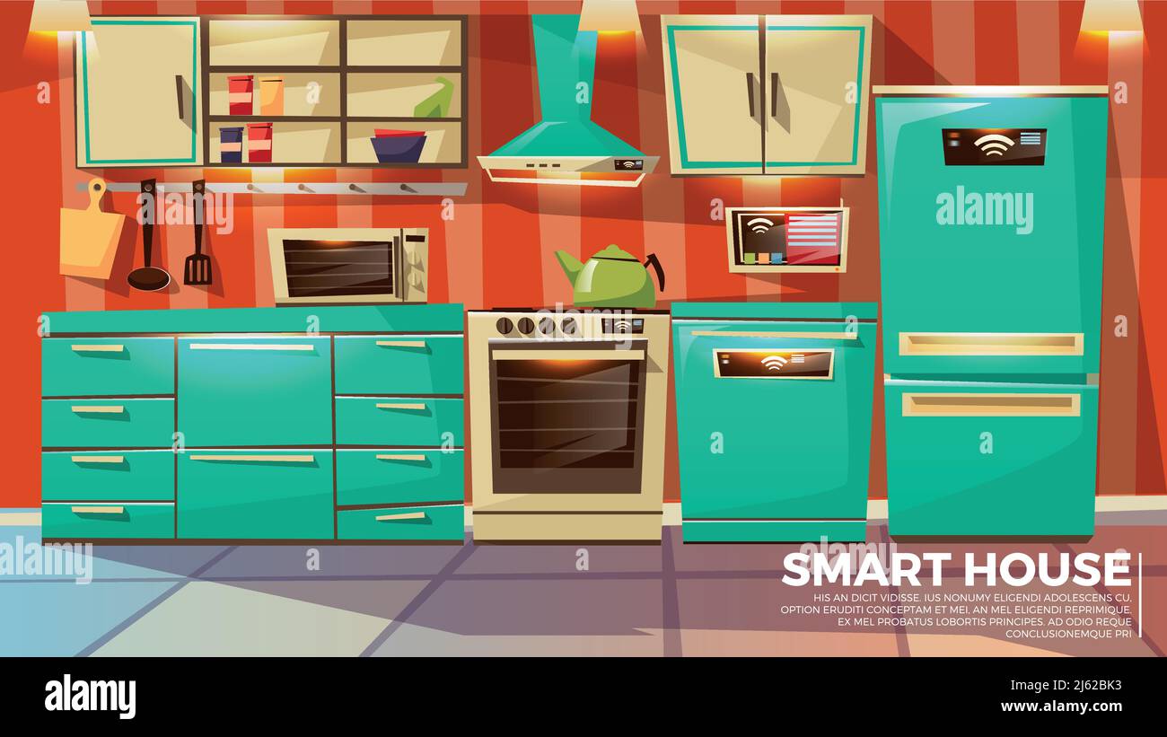 Smart kitchen interior background vector illustration of home wireless ...
