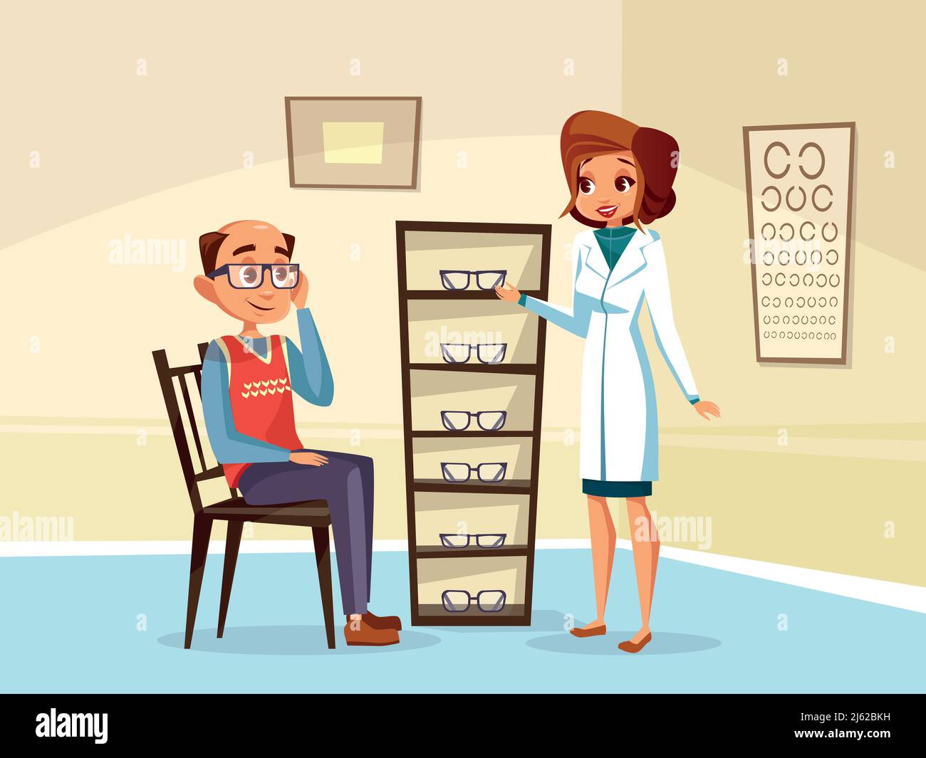 Vector cartoon woman doctor ophthalmologist helps adult man patient ...