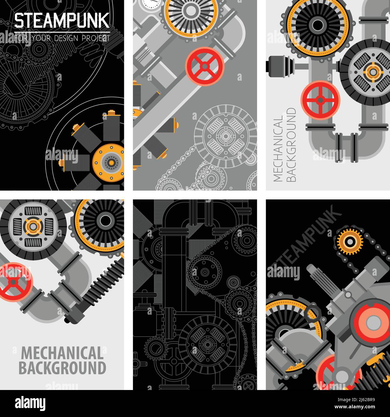 Machinery parts brochures design with industrial pipes mechanisms ...